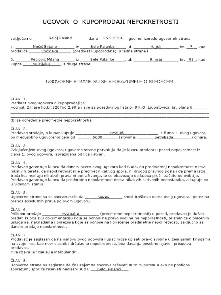 Ugovor o Kupoprodaji Nepokretnosti | PDF