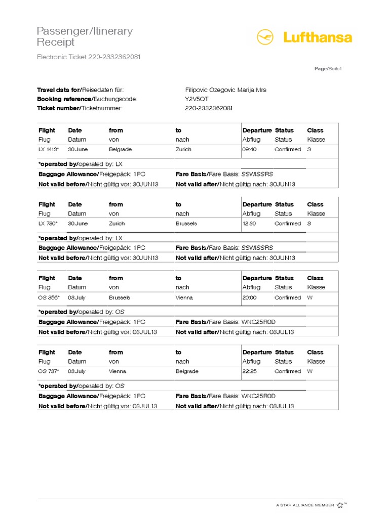 Passenger/Itinerary Receipt: Electronic Ticket 220-2332362081 | PDF ...
