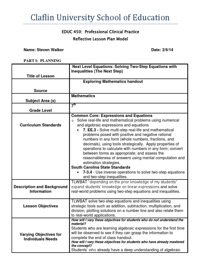 7th Grade Algebraic Expression and Equations Reflective Lesson Plan 2 ...