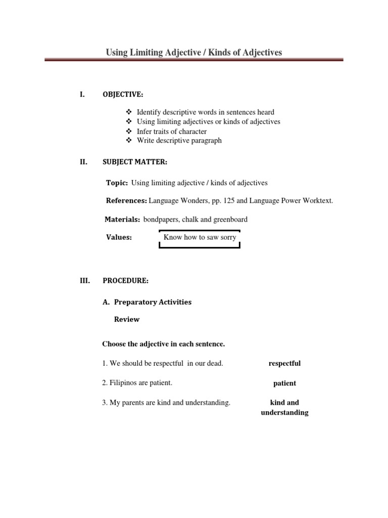 LP 9 Jan. 21 (Limiting Adjectives) | PDF | Adjective | Pronoun