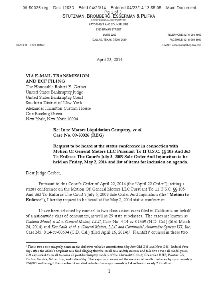 GM Ignition Switch - Sander Esserman Letter To Judge Gerber | PDF ...