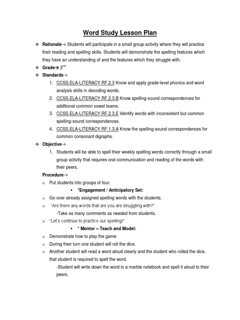 Word Study Lesson Plan | PDF | Spelling | Phonics