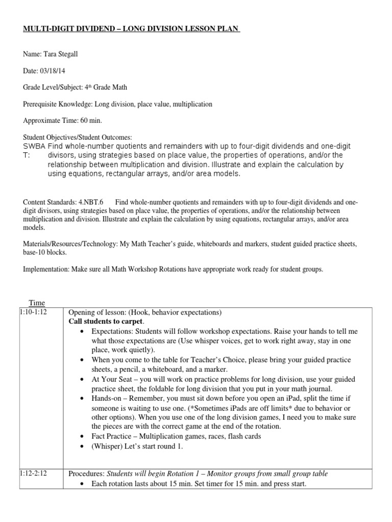 Math Workshop Lesson Plan | PDF | Division (Mathematics) | Cognition