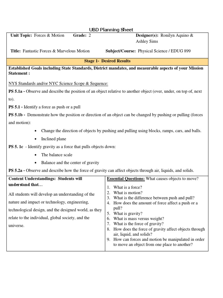 Edug 899 - Grade 2 Forces and Motion Unit - Completed | PDF ...