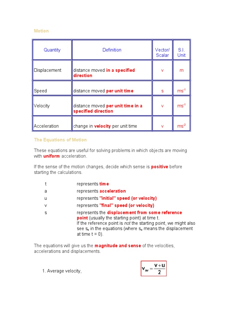 Quantity Vector/ Scalar S.I. Unit: Motion | PDF