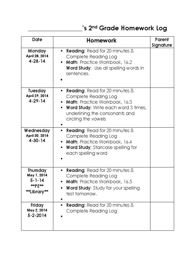 2nd Grade Homework Log-2 | PDF | Languages | Language Arts & Discipline