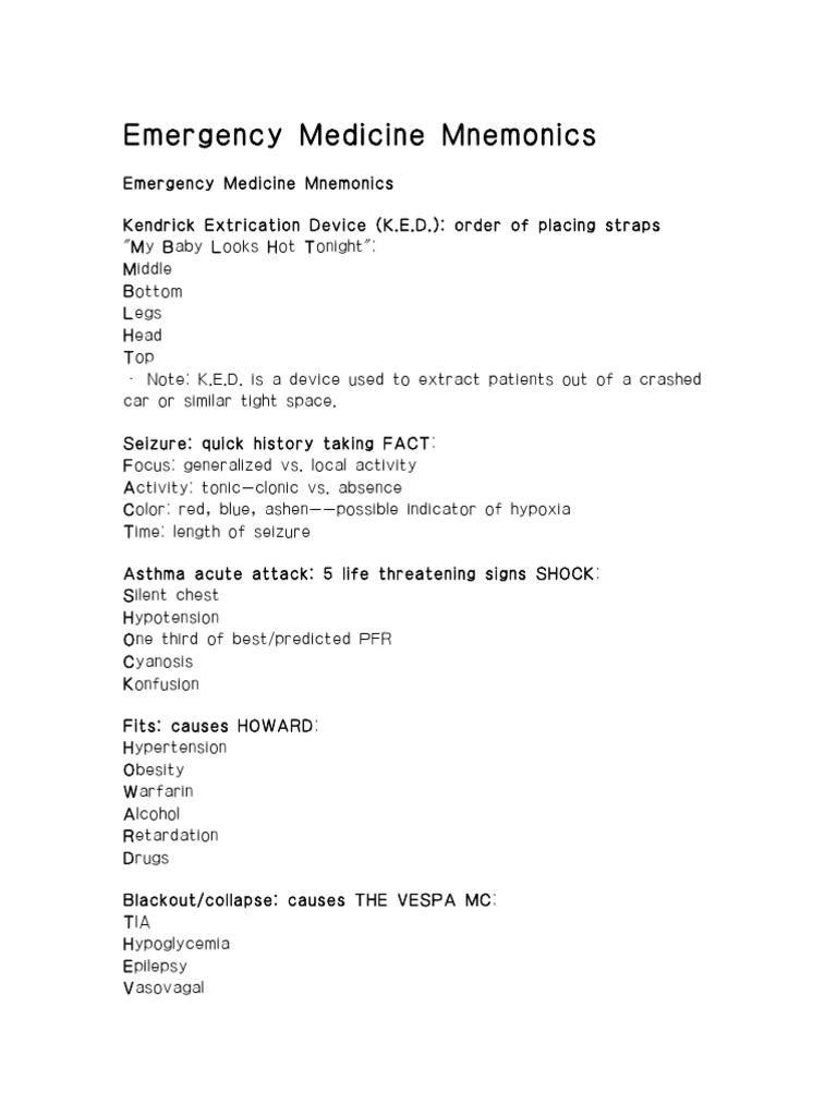 Emergency Medicine Mnemonics Guide | PDF | Health Sciences | Medical ...