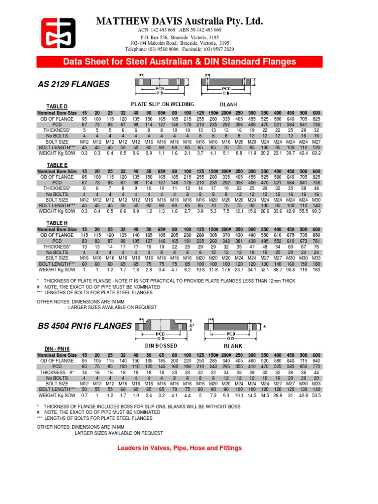 AS2129 Flange Data Sheet | PDF | Pipe (Fluid Conveyance) | Equipment