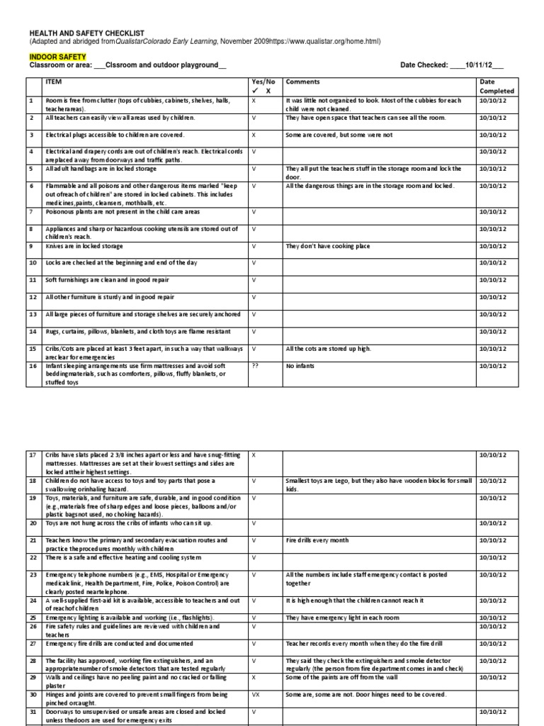 Childcare Health and Safety Checklist | PDF | Playground | Door