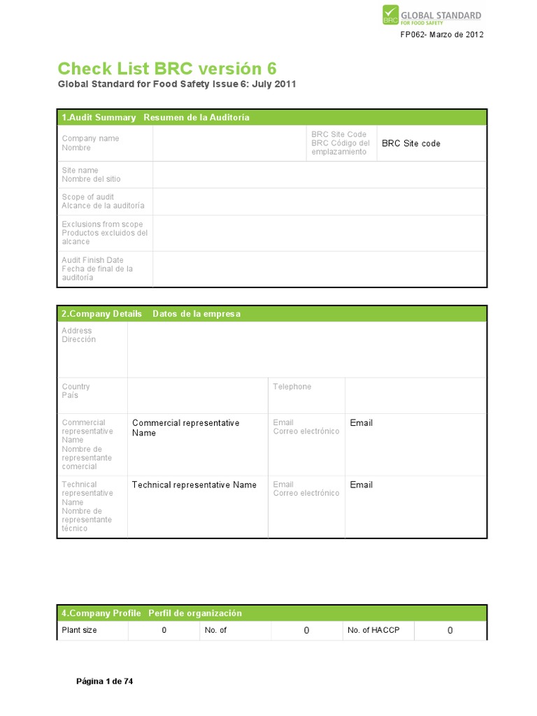 FP 062 - Lista de Verificación BRC-version 6 | PDF | Business | Science