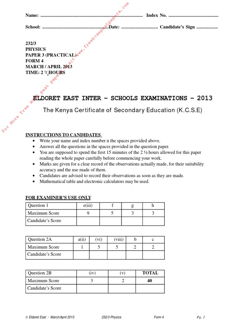 2013 KCSE Eldoret East Inter-Sch Physics PP3 | PDF | Pendulum | Metre