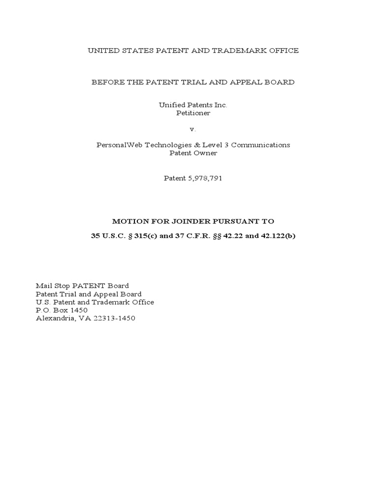 Motion for Joinder in IPR Case | PDF | Law | Computers