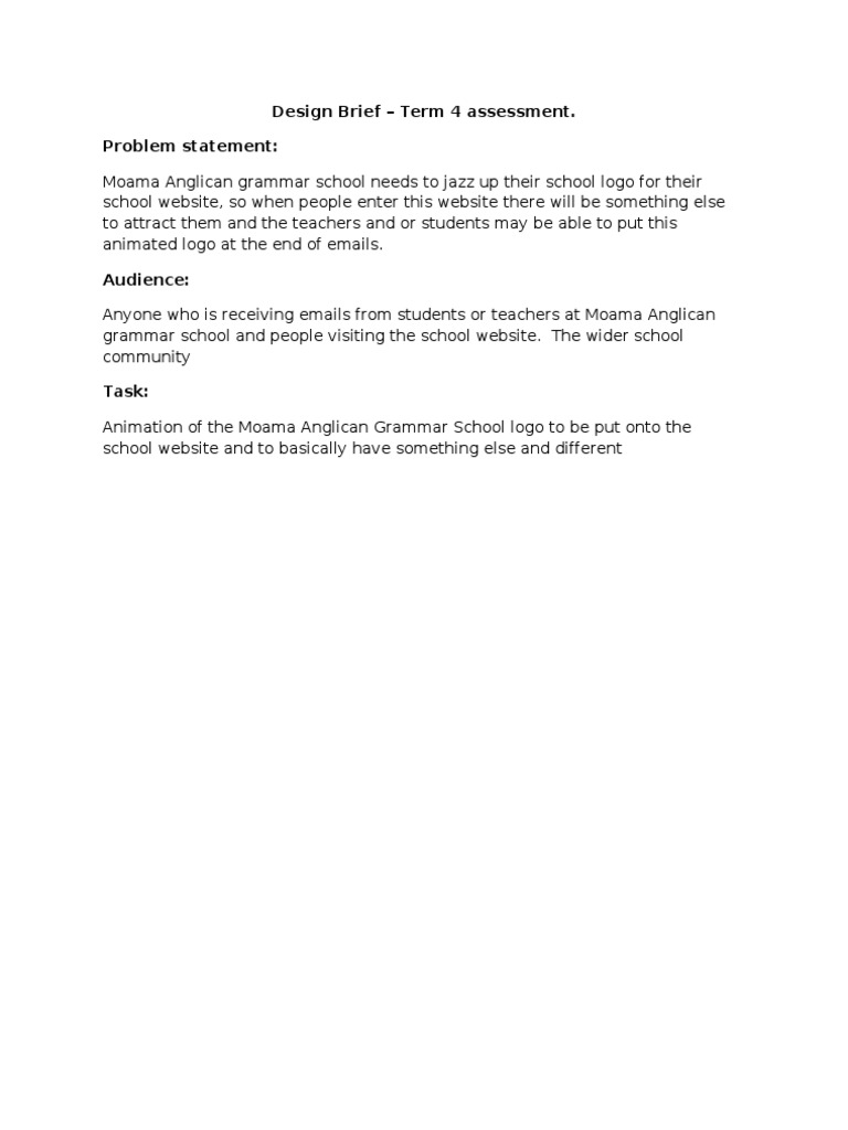 Design Brief - Term 4 Assessment. Problem Statement: Moama Anglican ...