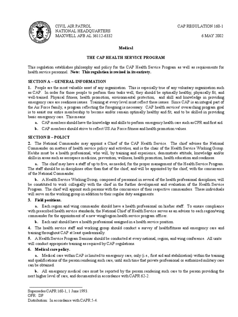 CAP Regulation 160-1 - 05/06/2002 | PDF | Civil Air Patrol | Health ...
