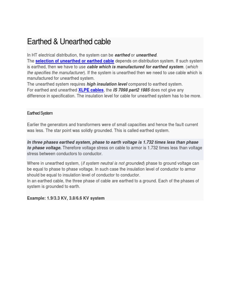 Selection of Unearthed or Earthed Cable | PDF | Cable | Insulator (Electricity)