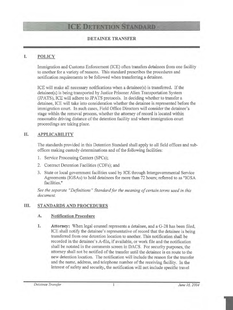 ICE Detention Standard - Detainee Transfer (6/16/04) | PDF | U.S ...
