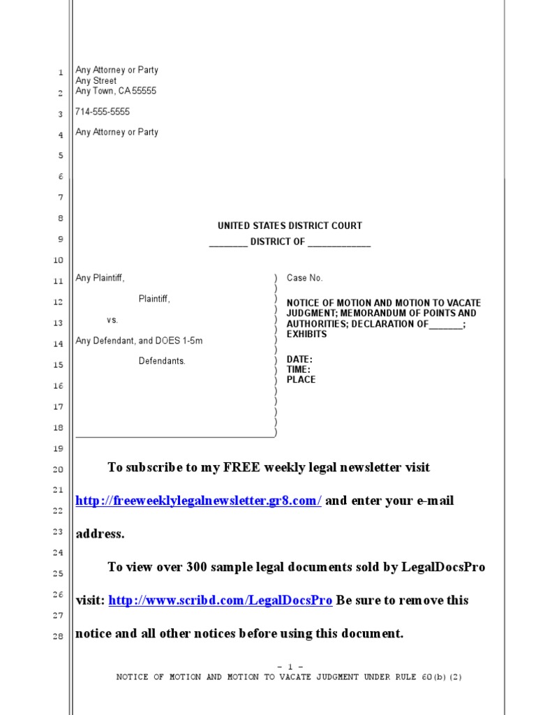 Sample Motion To Vacate Judgment Under Rule 60 (B) (2) in United States ...