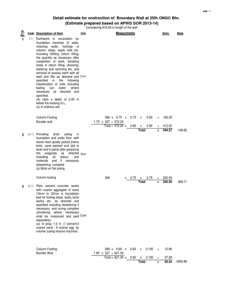 Boundary Wall Construction Estimate | PDF | Masonry | Building Technology