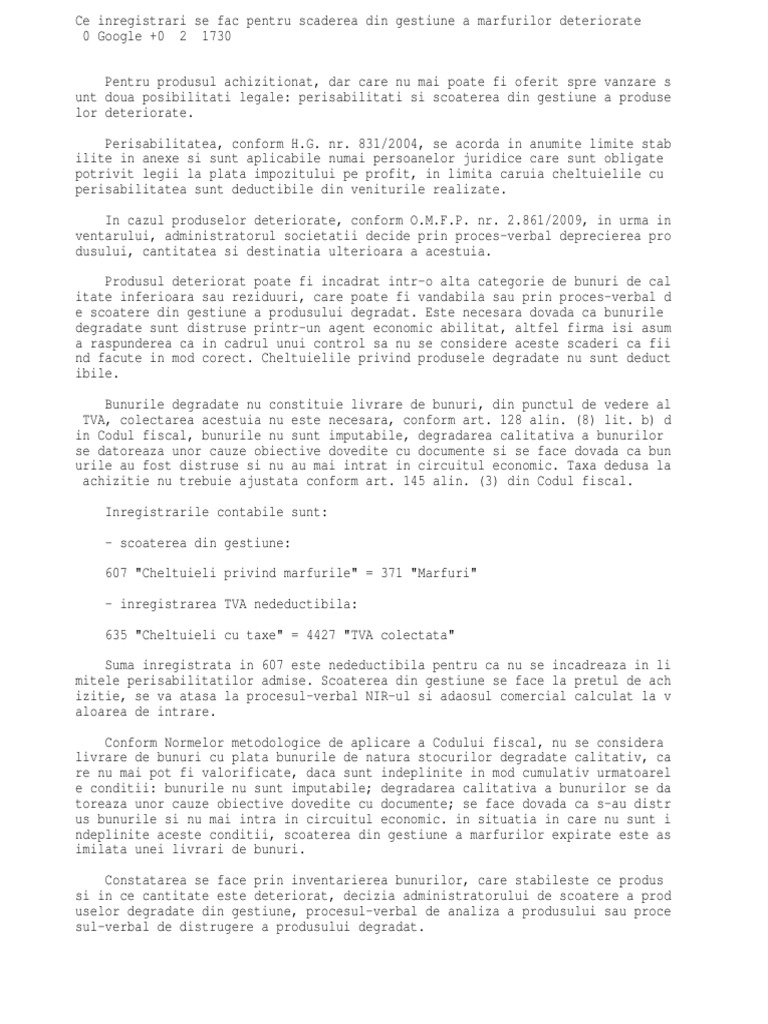 Scadere Din Gestiune Marfa Deteriorata | PDF