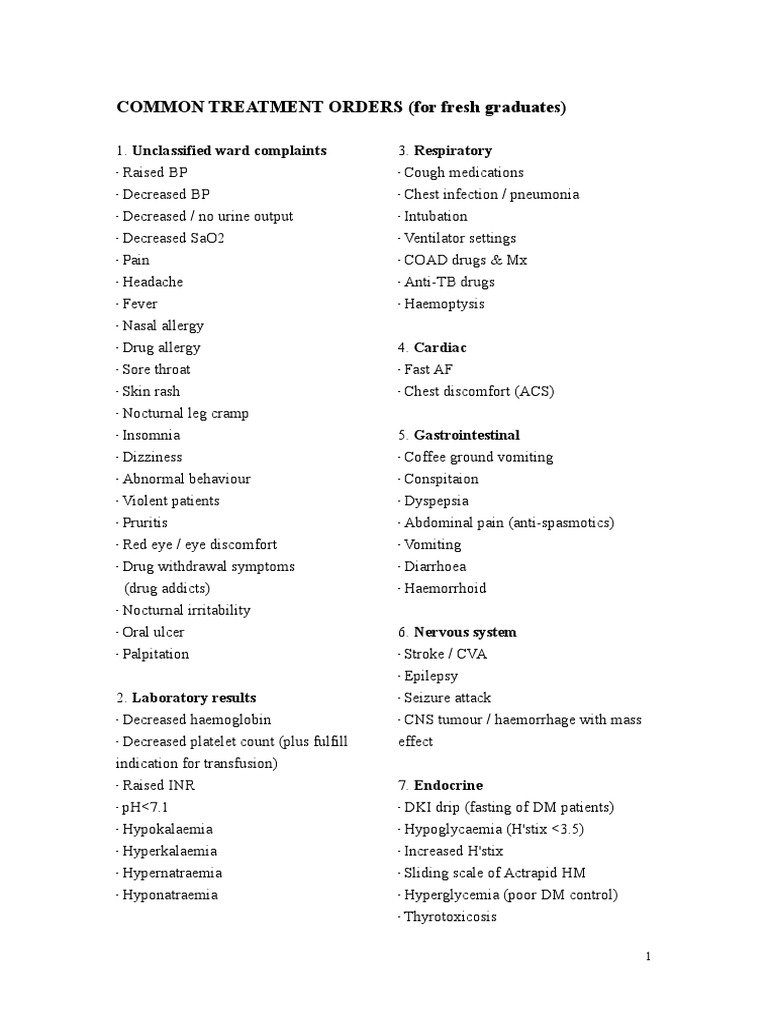 Common Treatment Orders | PDF | Nausea | Medical Specialties