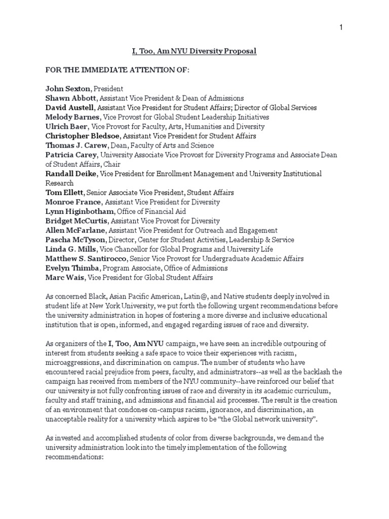 I, Too, Am NYU Diversity Proposal | PDF | Student Financial Aid In The ...