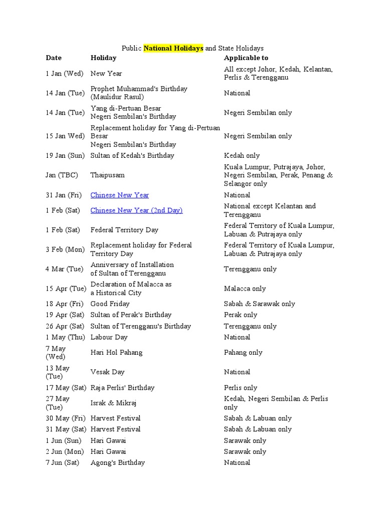 Public National Holidays and State Holidays | PDF