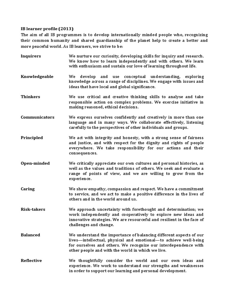 IB Learner Profile Attributes Explained | PDF | Career & Growth | Self ...
