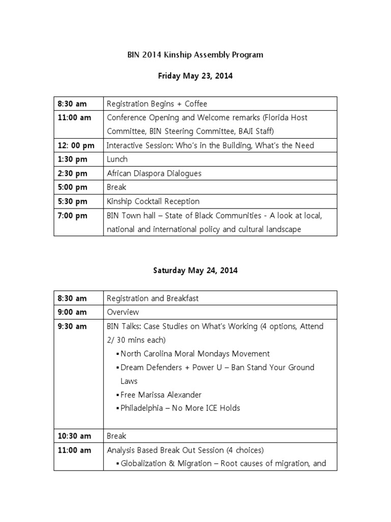2014 Kinship Assembly Schedule | PDF