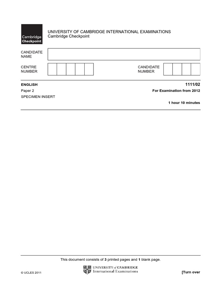 Cambridge Checkpoint English P2 Specimen Insert 2012 | PDF | Young Adult