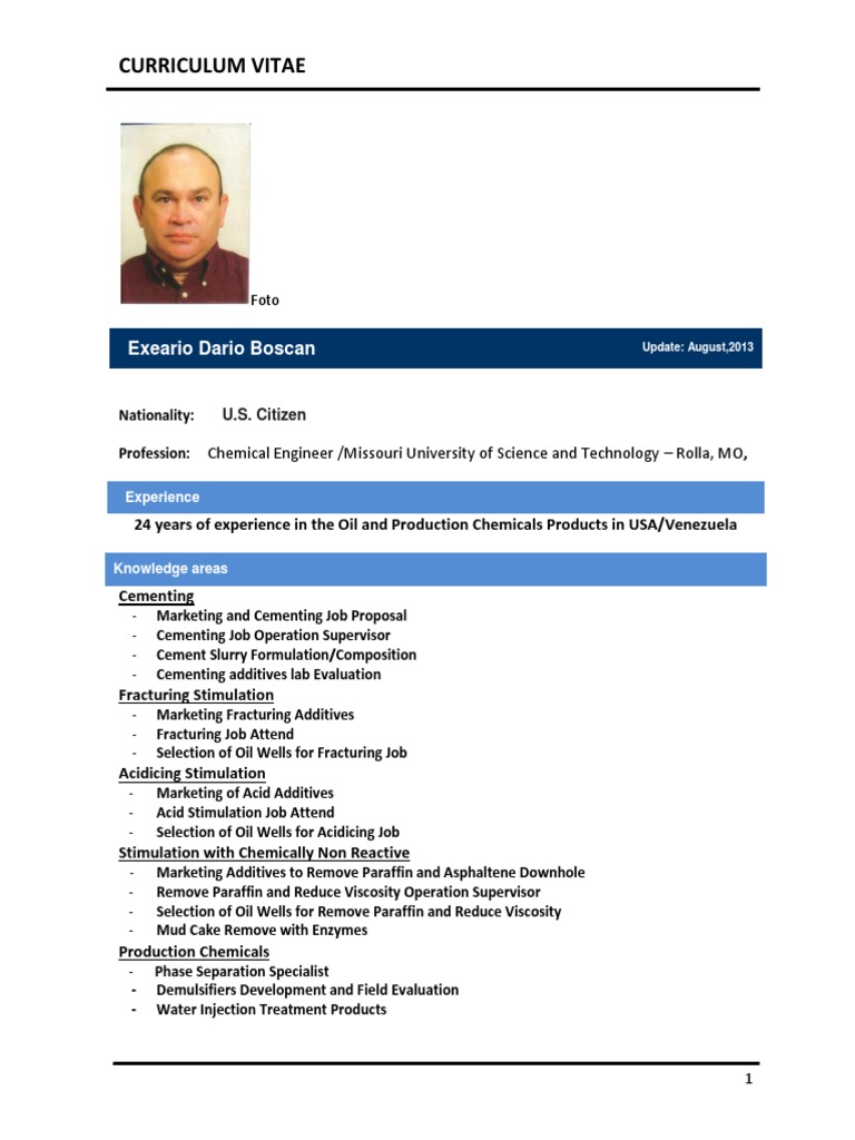 Sales Account Manager Production Chemist in Houston TX Resume Exeario ...