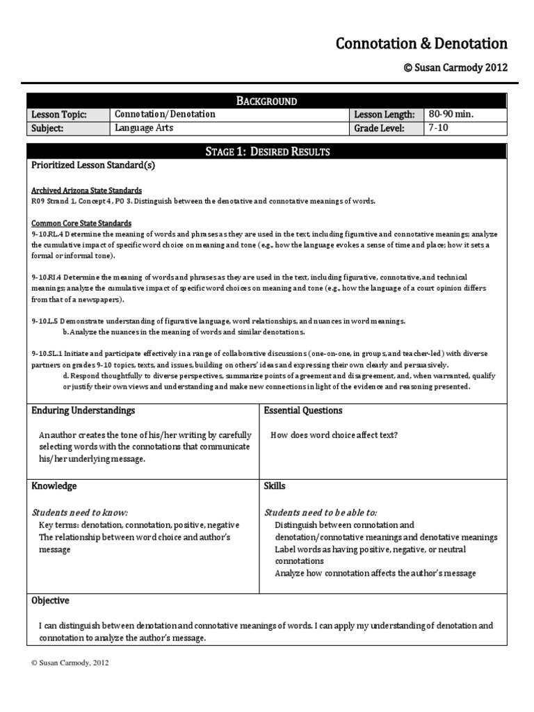 Connotation Denotation Lessonplan | PDF | Definition | Educational ...