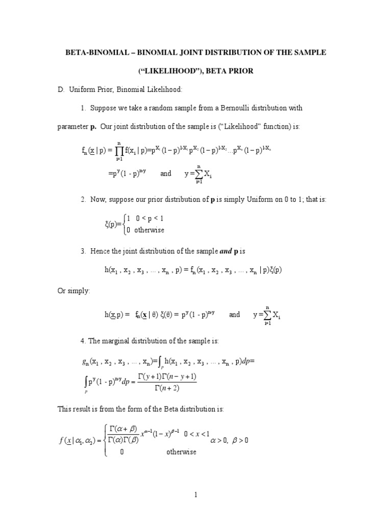 Beta-Binomial - Binomial Joint Distribution of The Sample ("Likelihood"), Beta Prior | PDF ...