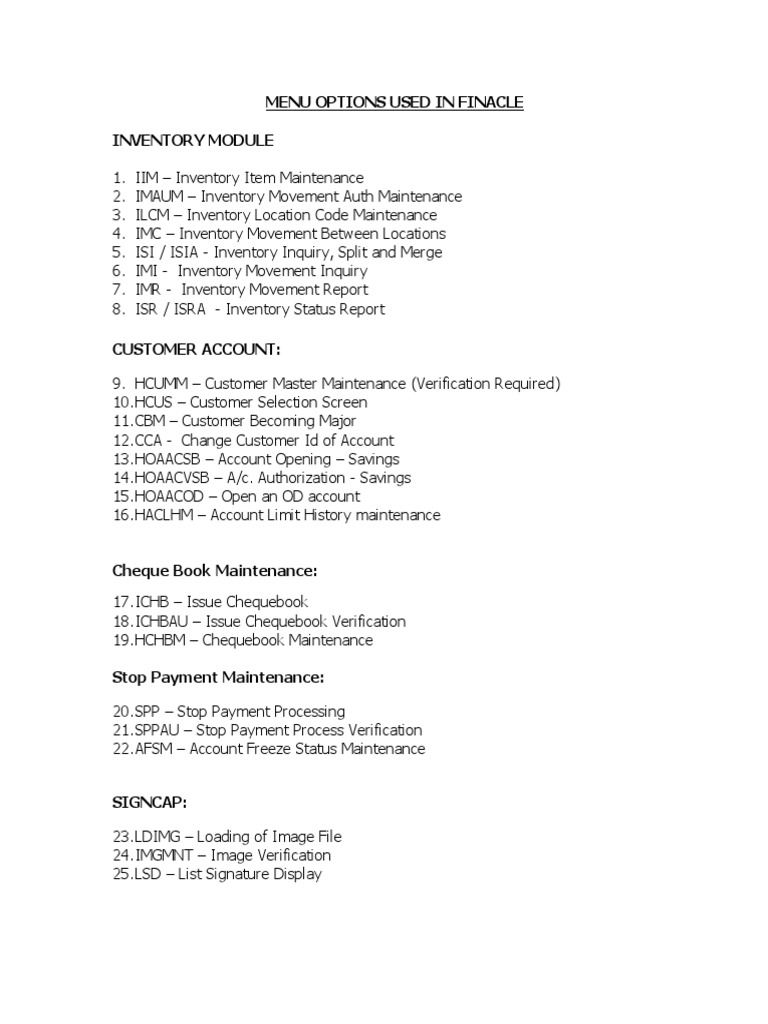 Menu Options Used in Finacle | PDF | Loans | Payments