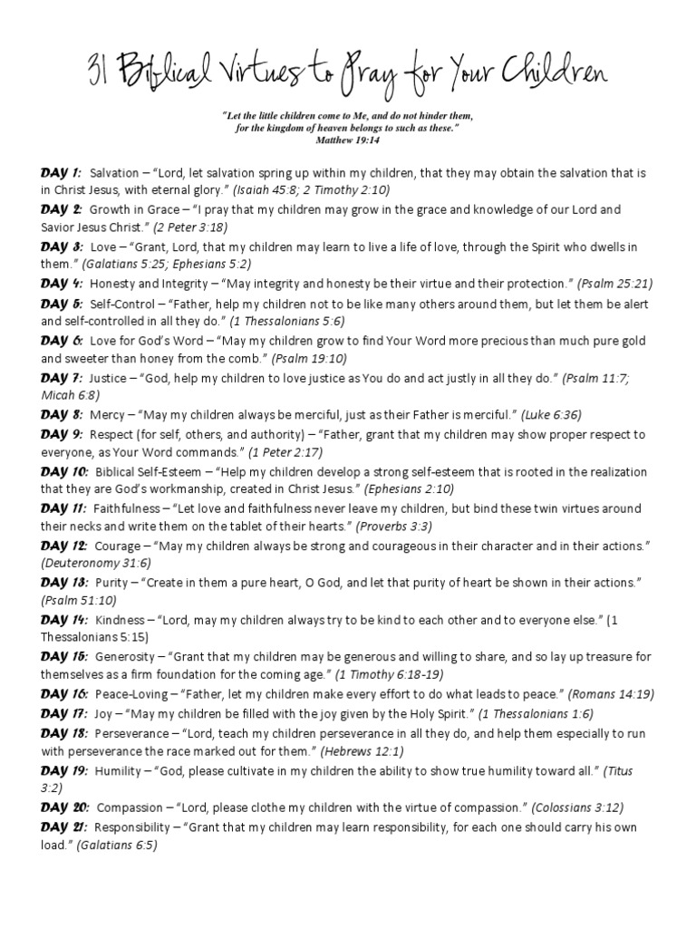 31 Biblical Virtues To Pray For Your Children | PDF | Grace In ...