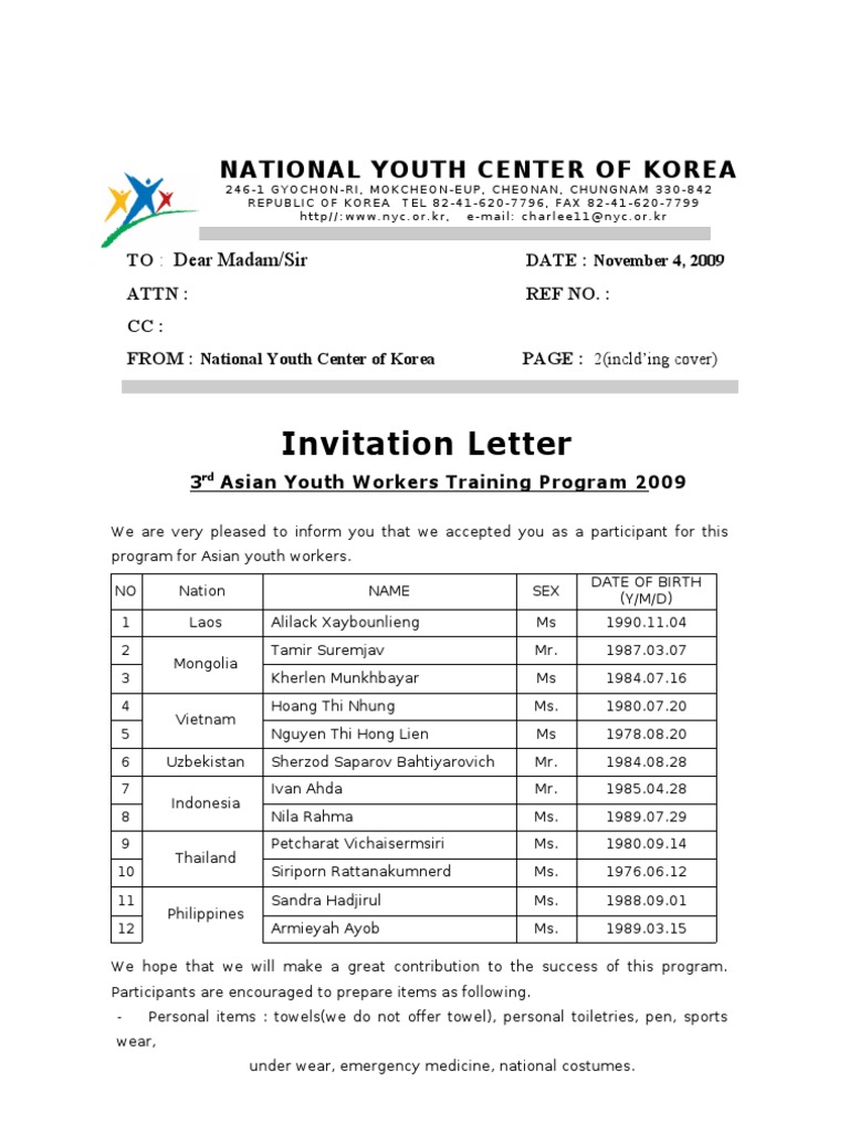 Invitation to Asian Youth Workers Program | PDF