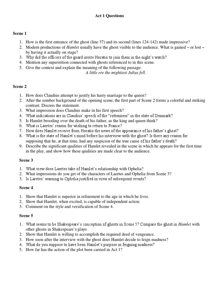 Hamlet Act Questions | PDF | Hamlet | Shakespearean Tragedies
