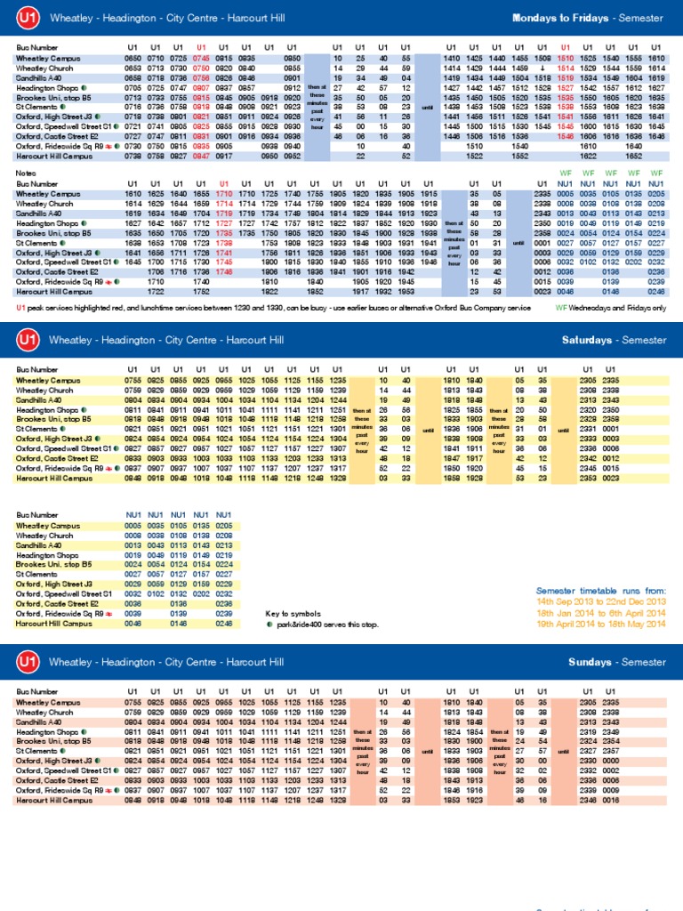 U1 Bus Timetable - Wheatley, Headington, Oxford City Centre, and ... U1 Bus Timetable - Wheatley, Headington, Oxford City Centre, and ...