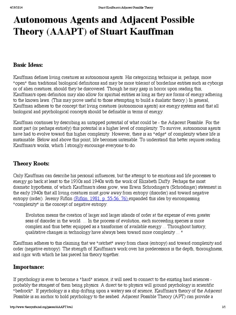 Stuart Kauffman's Adjacent Possible Theory | PDF | Theory | Entropy