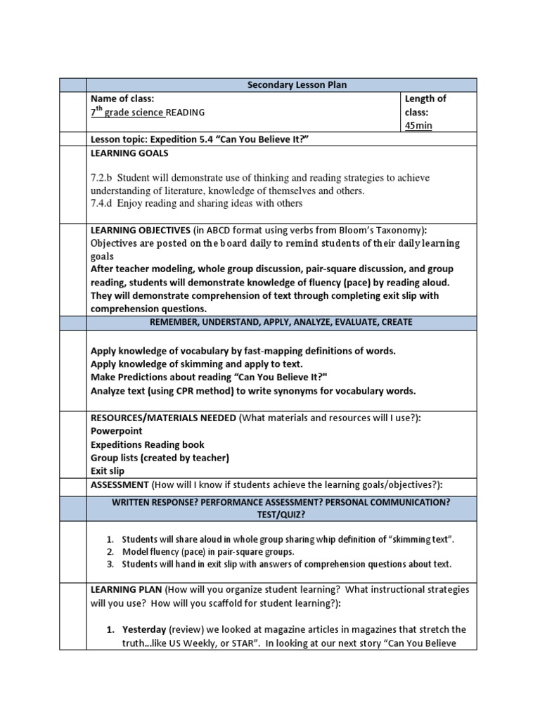 Reading 5.4 Lesson Plan | PDF | Reading Comprehension | Reading (Process)
