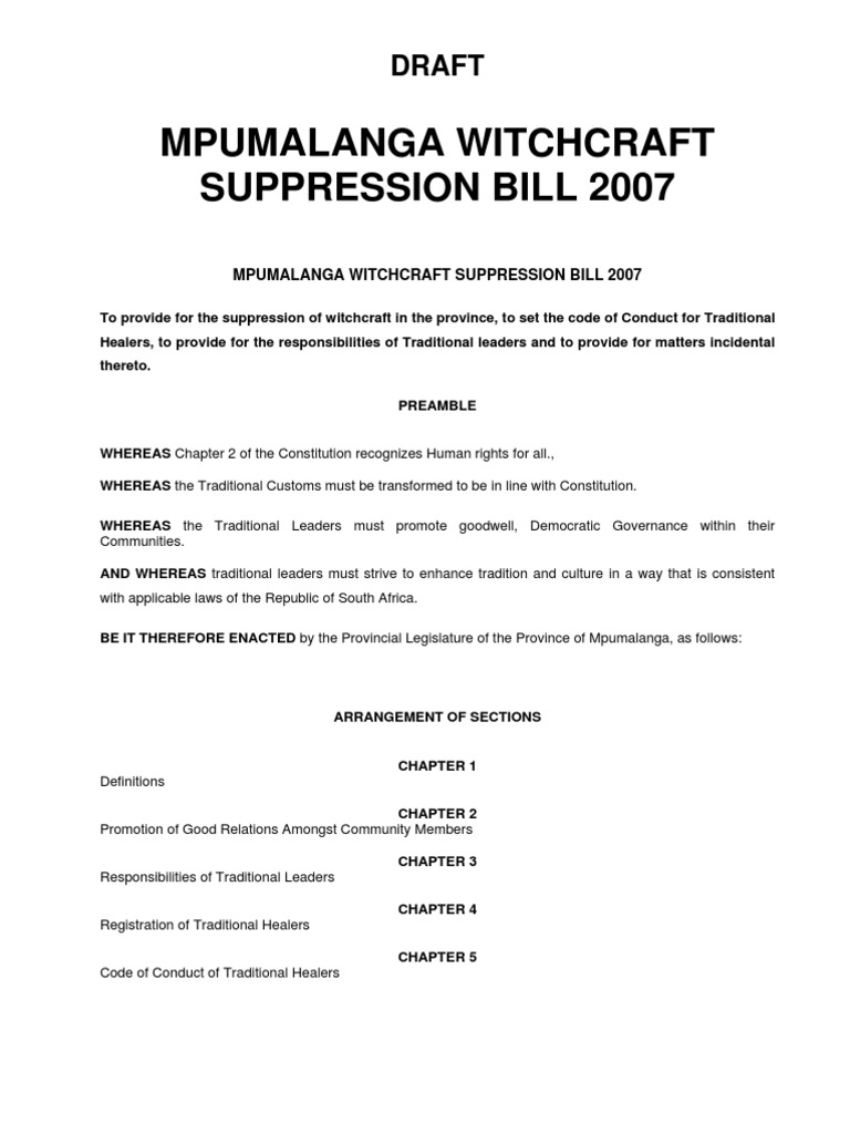 Mpumalanga Witchcraft Suppression Bill 2007 | PDF | Witchcraft ...