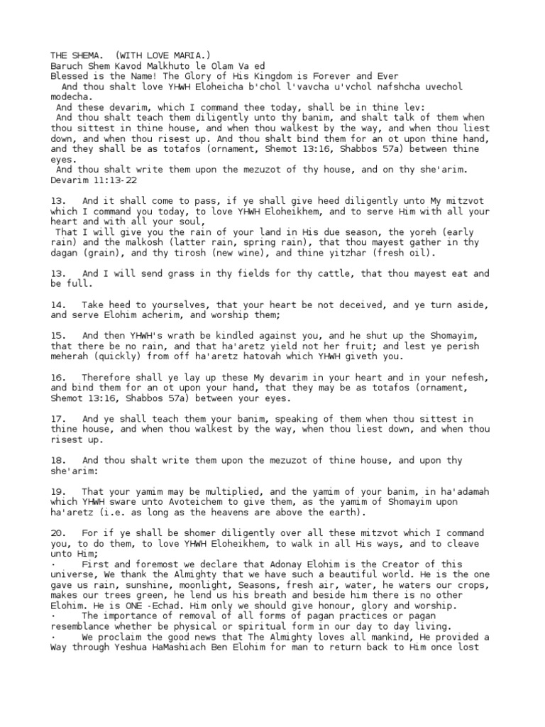 The Shema. (With Love Maria.) Baruch Shem Kavod Malkhuto Le | PDF ...