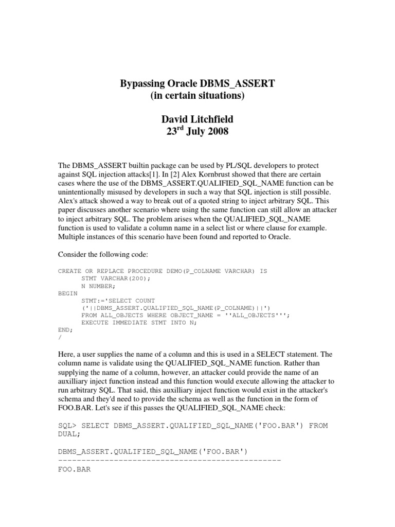 Bypassing Dbms Assert Pdf Oracle Database Sql 