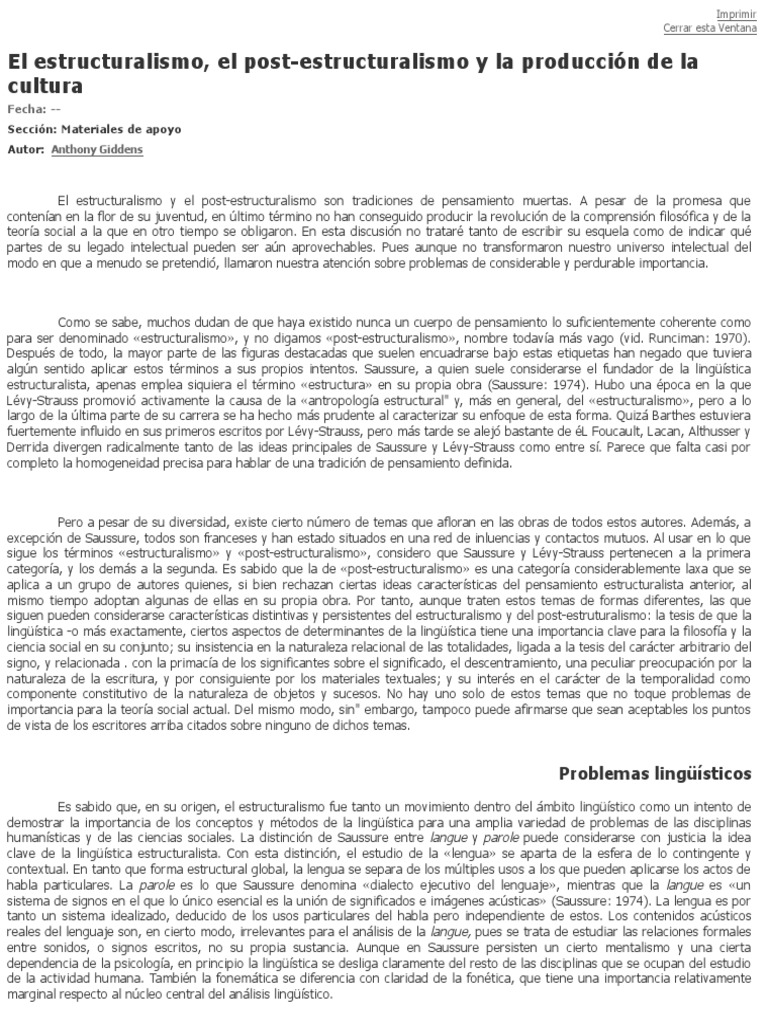 Giddens - Estructuralismo, Postestructuralismo | PDF | Lingüística ...