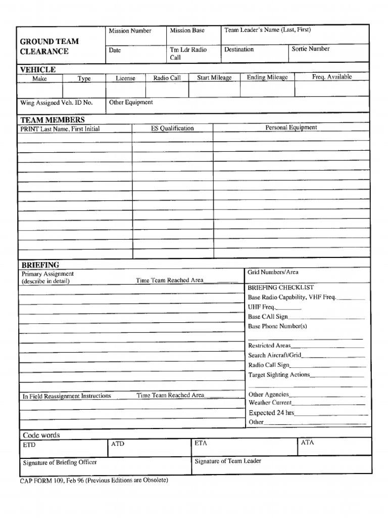 CAP Form 109 - Feb 1996 | Download Free PDF | Civil Air Patrol ...