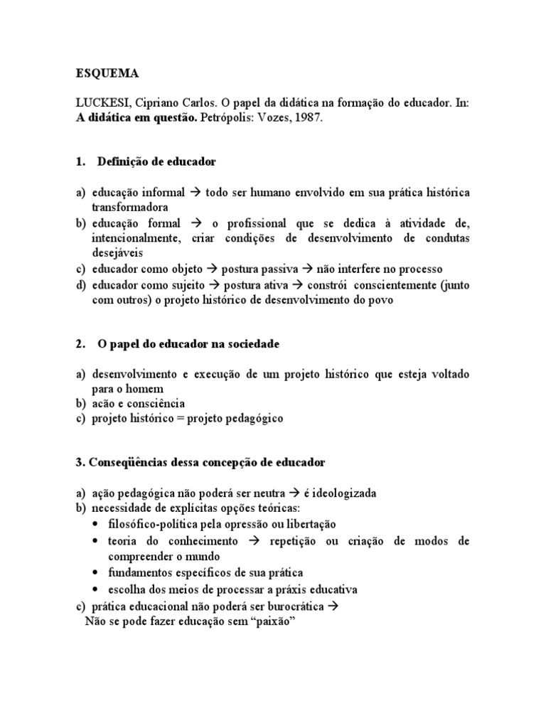 Esquema Do Texto o Papel Da Didática Na Formação Do Educador | PDF ...