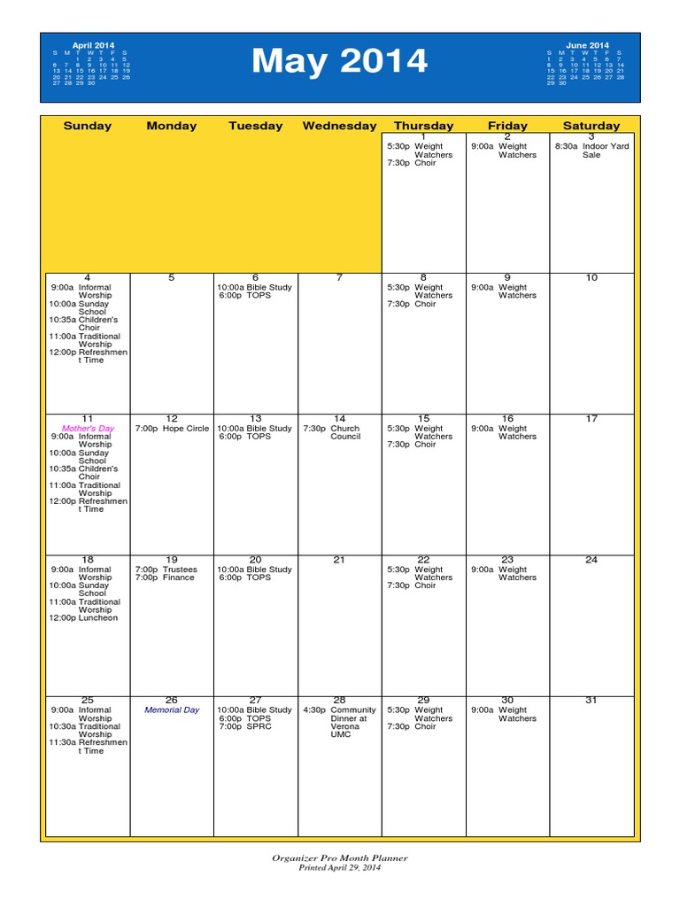 Oakmont United Methodist Calendar May 2014 | PDF