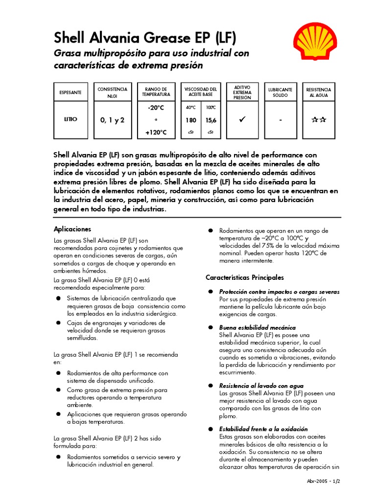 Grasa Industrial Shell Alvania EP (LF) | PDF | Lubricante | Petróleo