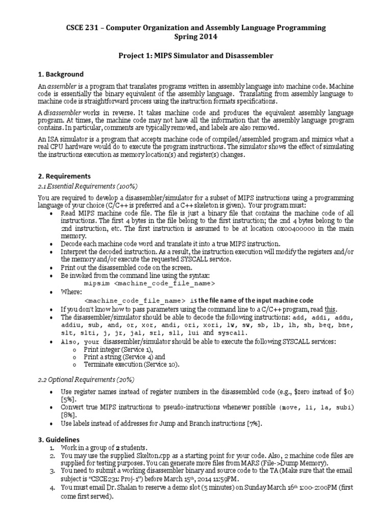 CSCE 231 Project 1 MIPS Dissembler | PDF | Assembly Language | Instruction Set