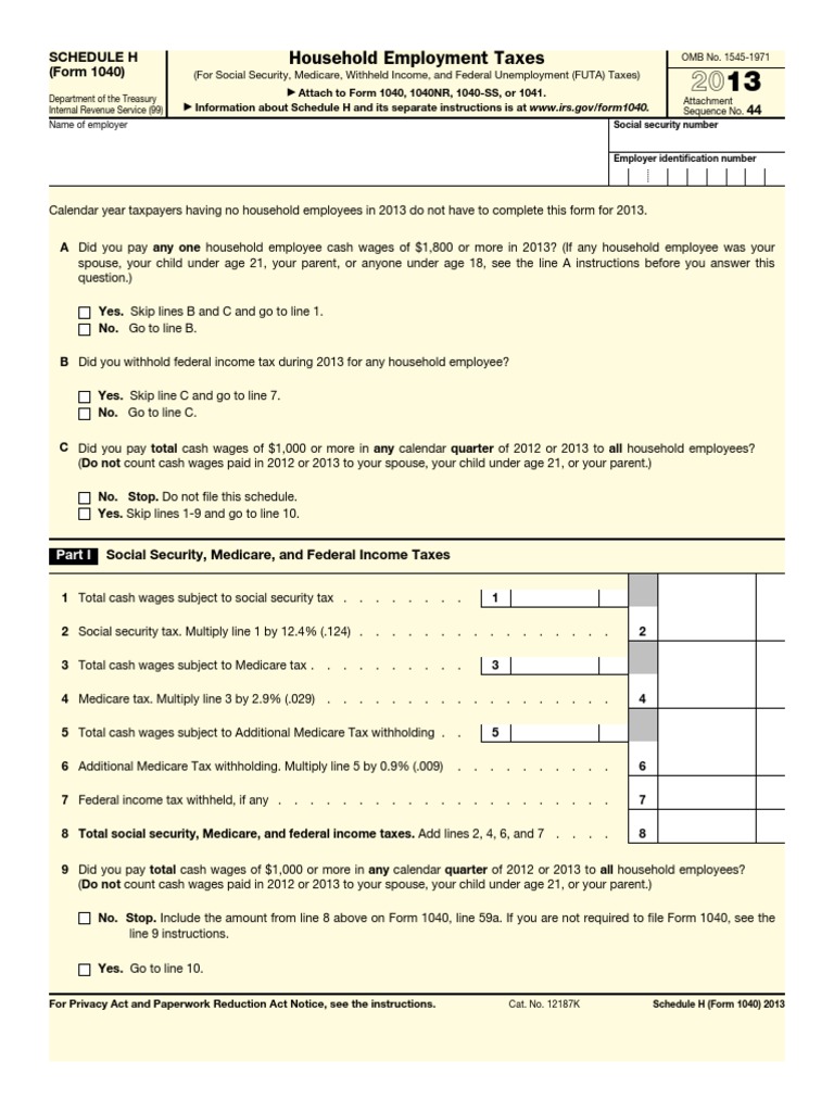 Household Employment Taxes: Schedule H (Form 1040) 44 | PDF | Social ...