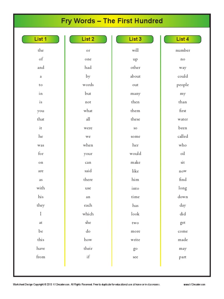 Fry Complete 1000 Words For Children | PDF